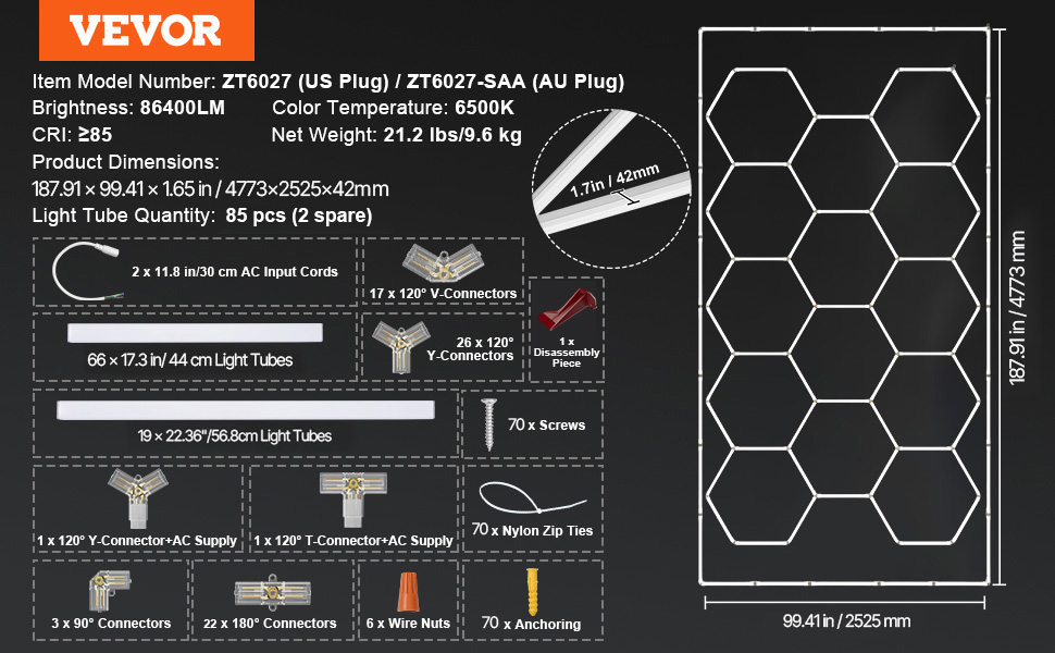 VEVOR Hexagon Garage Lights 86400LM 14 Grids Honeycomb LED Shop Ceiling ...