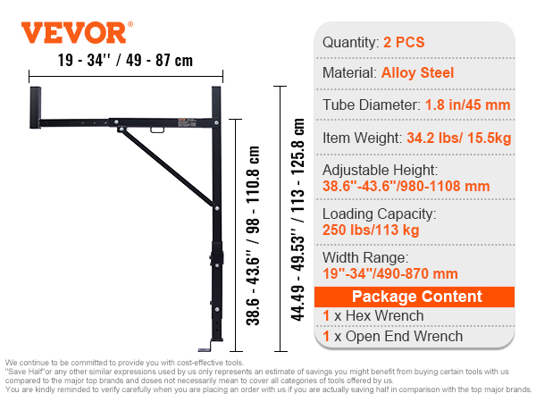 VEVOR Truck Rack, 19-34inch Extendable Truck Ladder Rack, 38.6"-43.6 ...