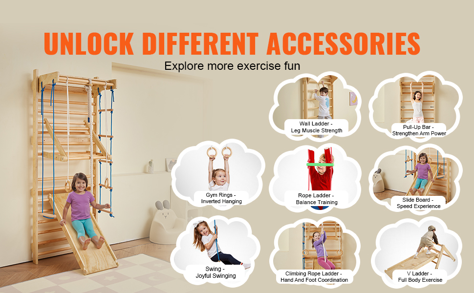 Swedish Ladder Wall Gym 8 in 1 Wooden Indoor Playground Climbing Toys ...
