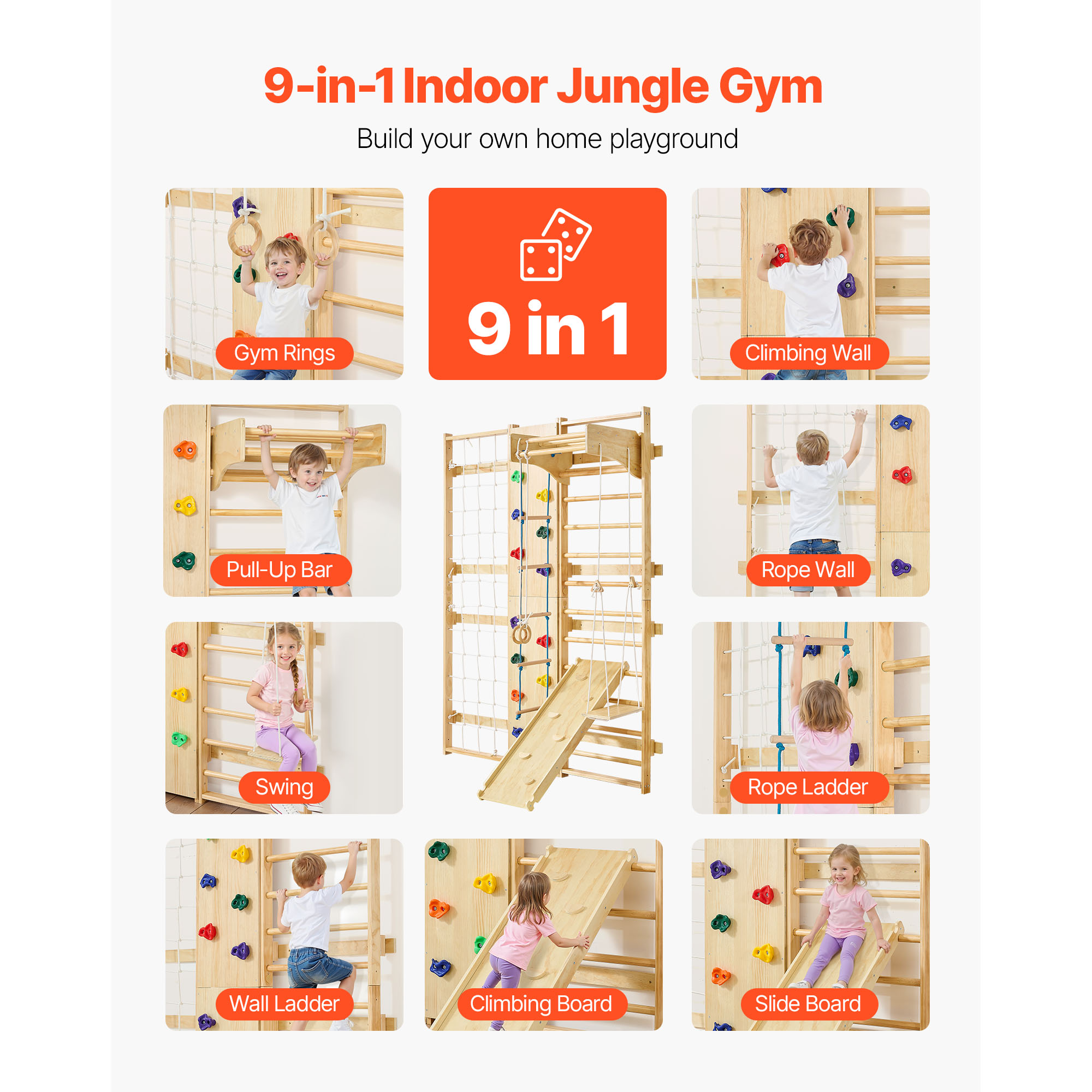 Mophorn Swedish Ladder Wall Gym, 9-in-1 12-Level Wooden Gymnastic Stall ...