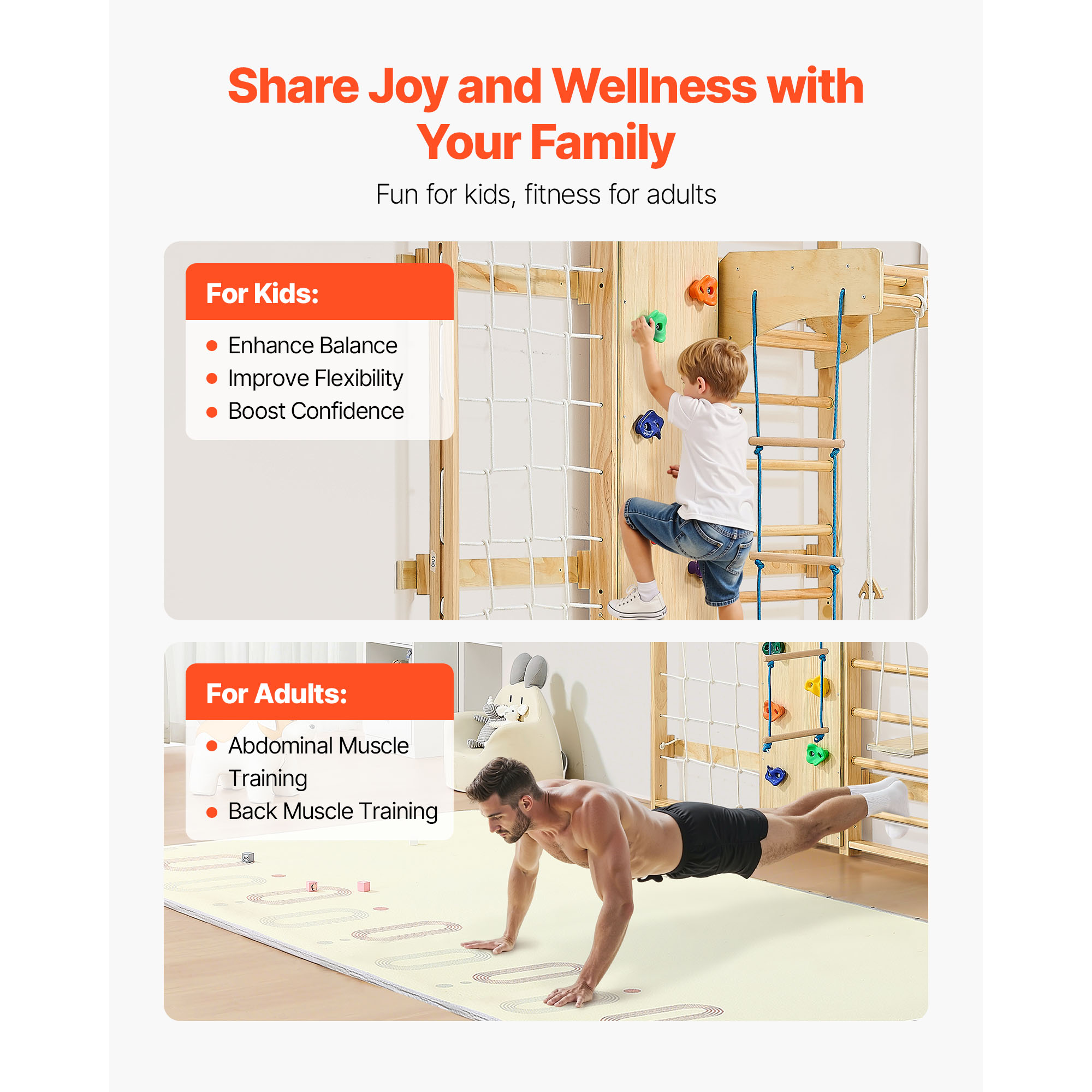 Mophorn Swedish Ladder Wall Gym, 9-in-1 12-Level Wooden Gymnastic Stall ...