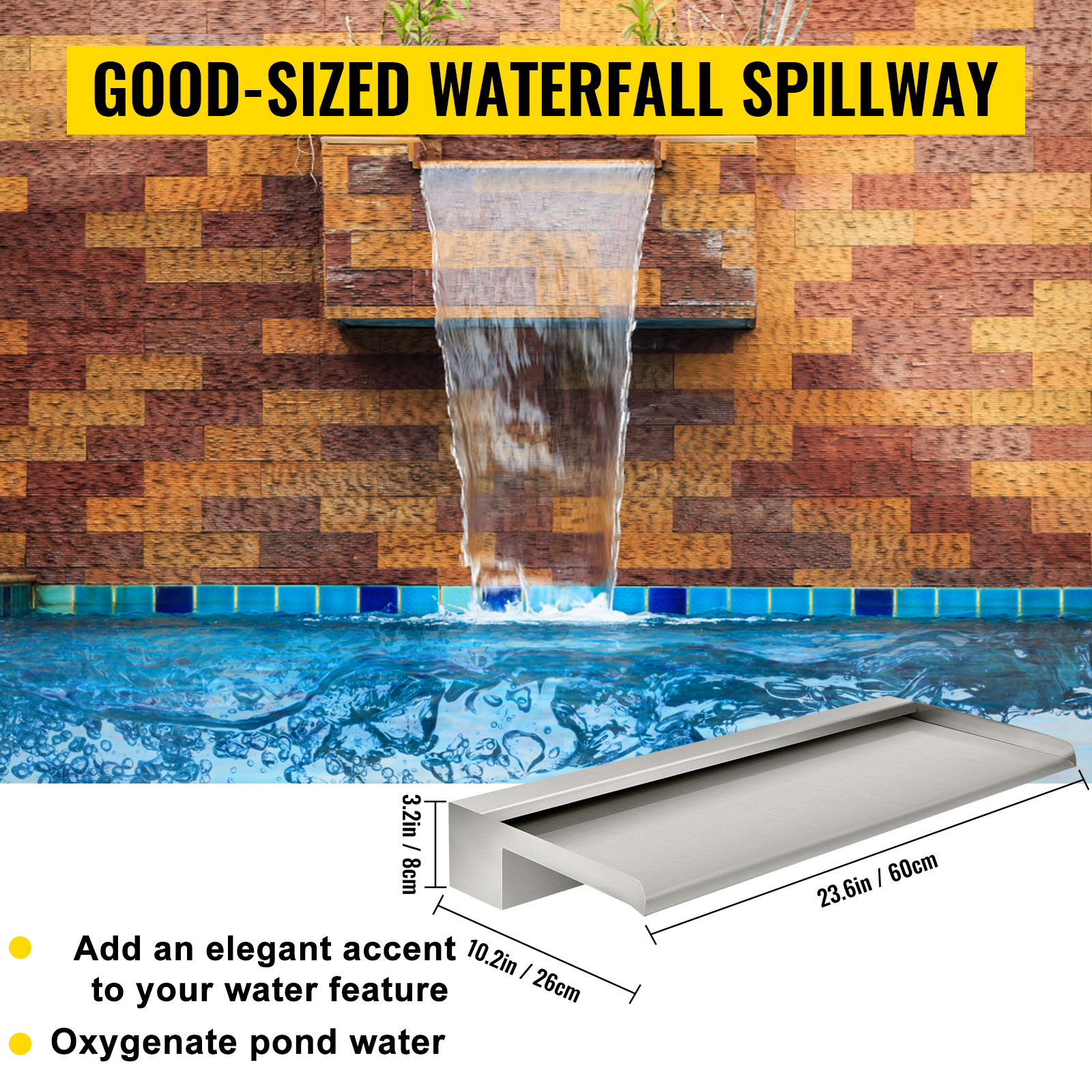 Mophorn 60cm Stainless Steel Waterfall Blade, Rectangular Waterfall ...