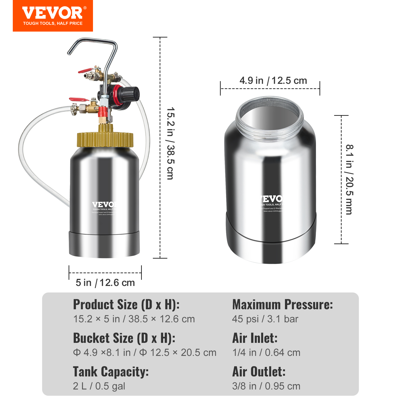2L/0.5gal Spray Paint Pressure Pot Tank 1.8mm Nozzle Spray Gun Hoses ...
