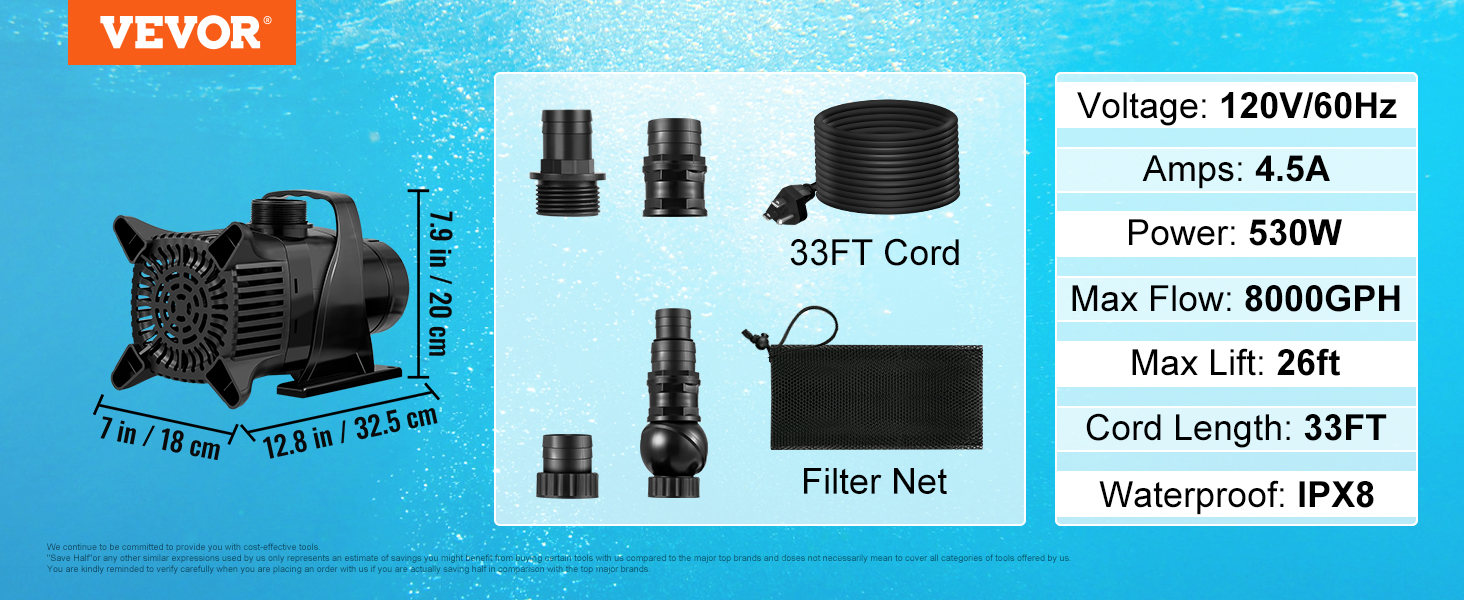 VEVOR Submersible Water Pump 8000GPH Pond Pump 26FT 530W for Waterfall ...