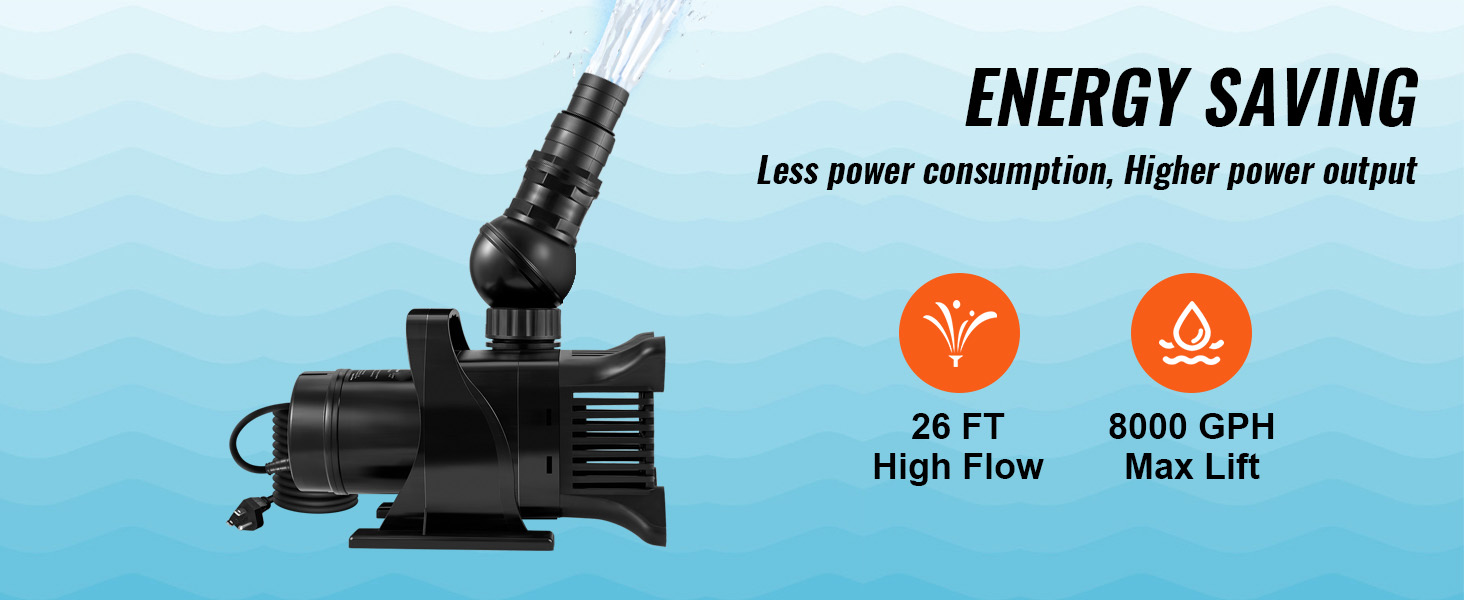 VEVOR Submersible Water Pump 8000GPH Pond Pump 26FT 530W for Waterfall ...