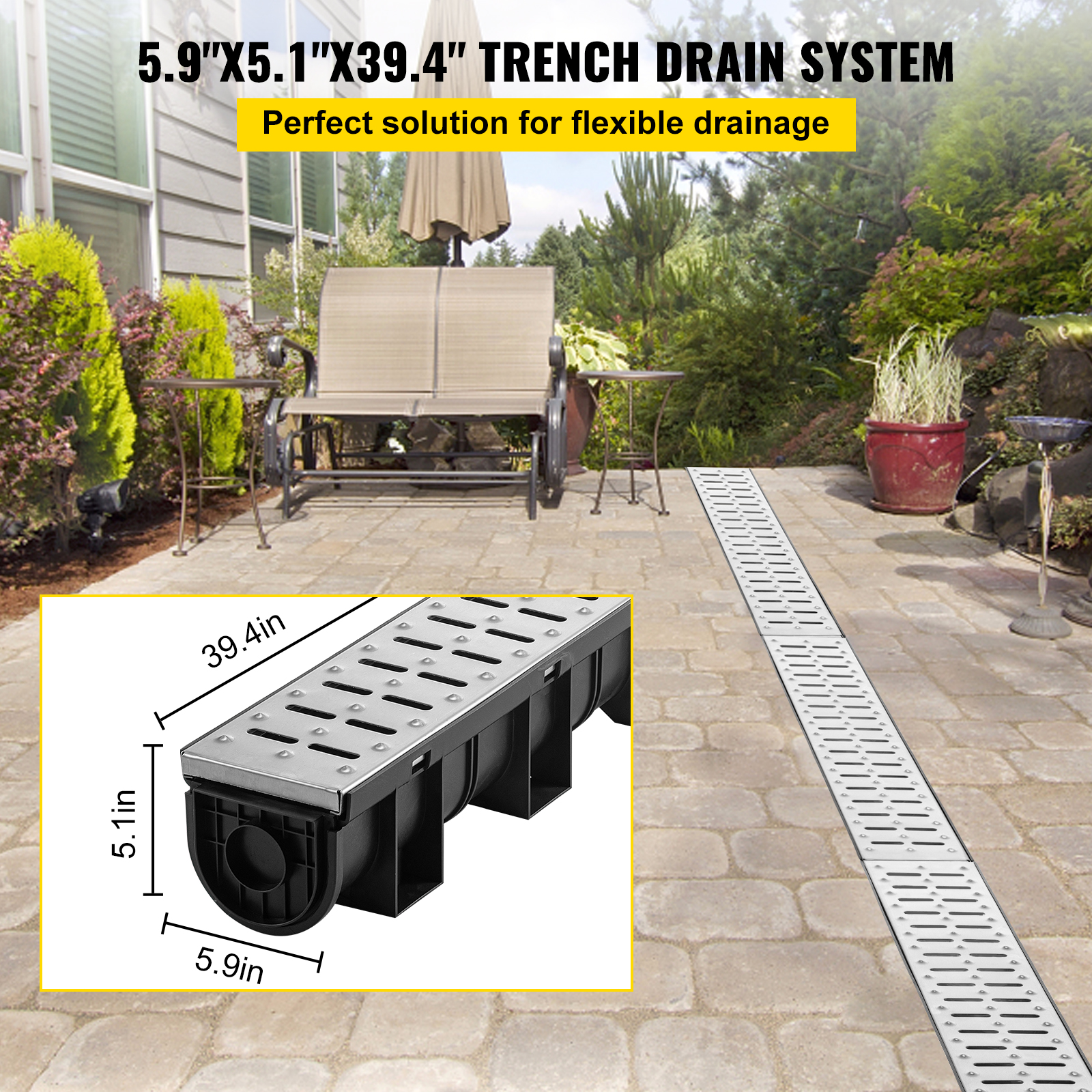 Mophorn Trench Drain System with Metal Grate, 150x130 mm HDPE Channel ...
