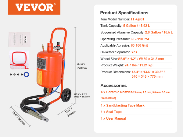 VEVOR 5 Gallon Sand Blaster, 60-110 PSI High Pressure Sandblaster ...