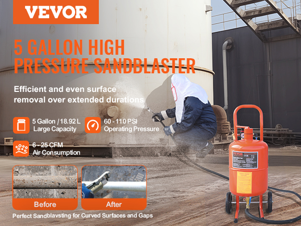 VEVOR 5 Gallon Sand Blaster, 60-110 PSI High Pressure Sandblaster ...