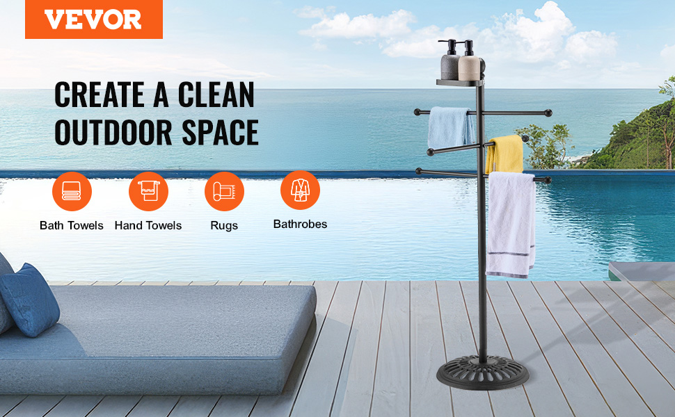 Towel Rack 3-Bar Outdoor Towel Holder with Metal Base Pool Bath Spa ...