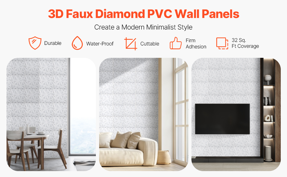 VEVOR 3D Wall Panels 33-Pack 11.81x11.81'' PVC 32 Sq.Ft Coverage ...