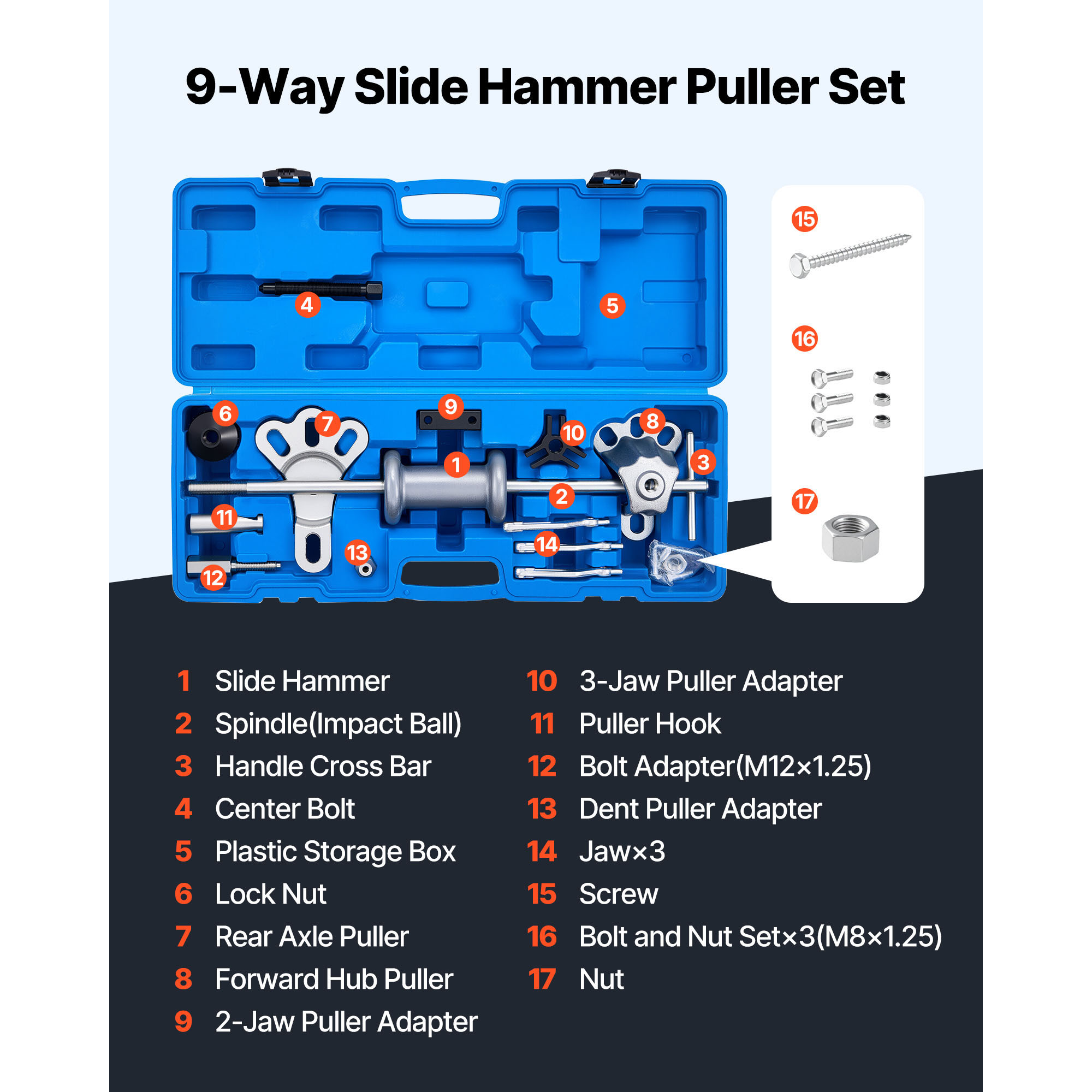 Mophorn 9-Way Slide Hammer Puller Set, 15-Piece Kit for Front Wheel Hub ...