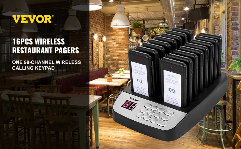VEVOR F100 Restaurant Pager System 16 Pagers, Max 98 Beepers Wireless ...