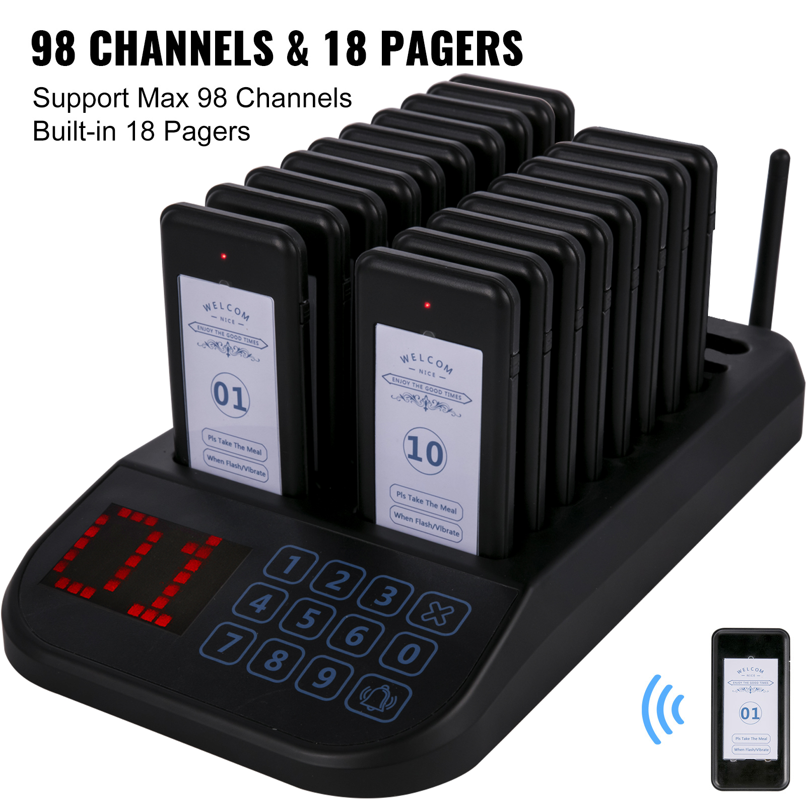 VEVOR F103 Restaurant Pager System 18 Pagers, Max 98 Beepers Wireless ...