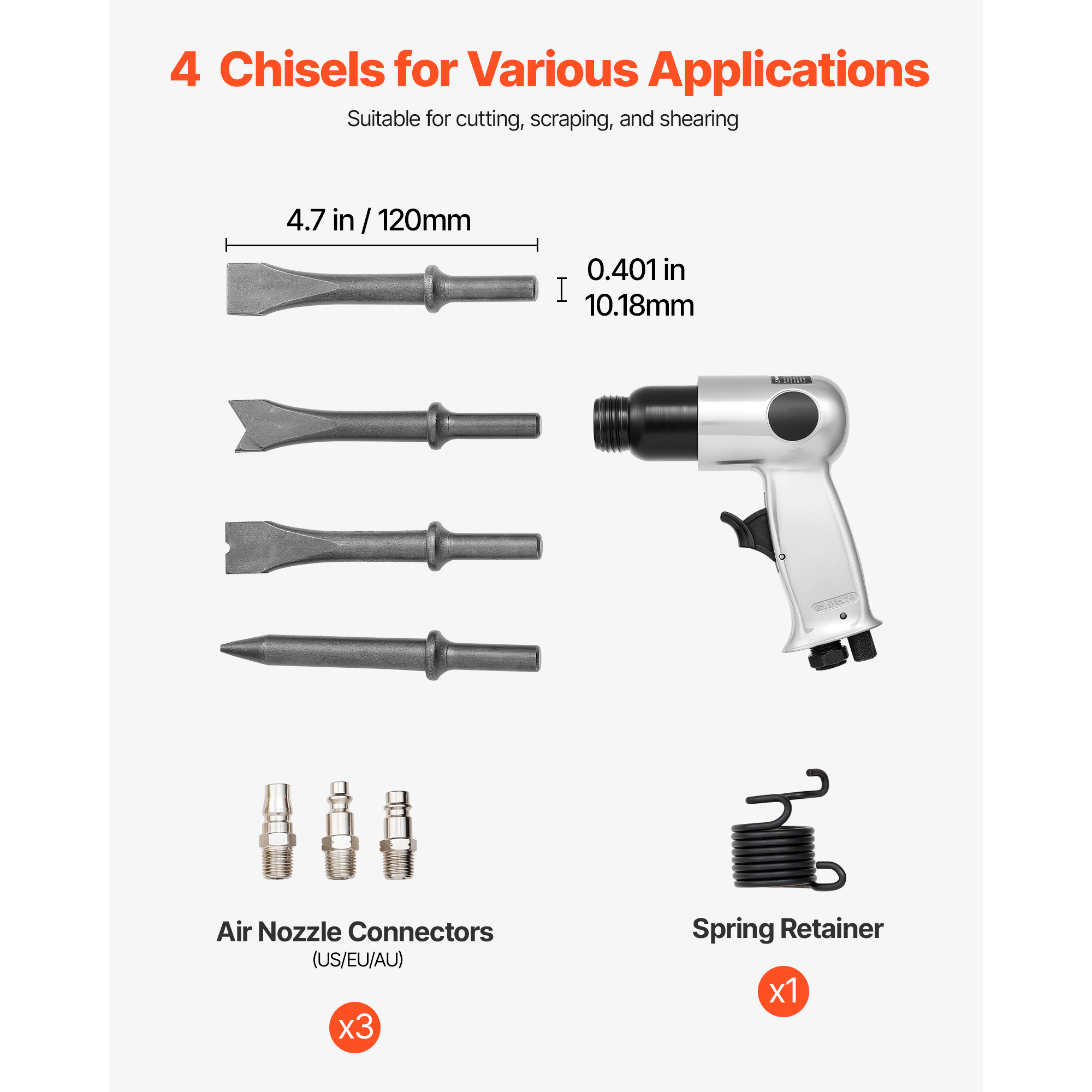 Mophorn Pneumatic Air Hammer, 4500 BPM with 40mm Stroke & 4 Chisels ...