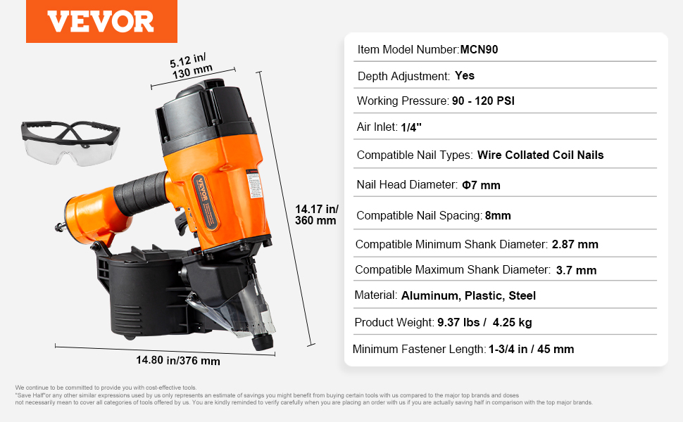 VEVOR MCN90 Coil Framing Nailer 1-3/4" to 3-1/2" 15 Degree Pneumatic ...