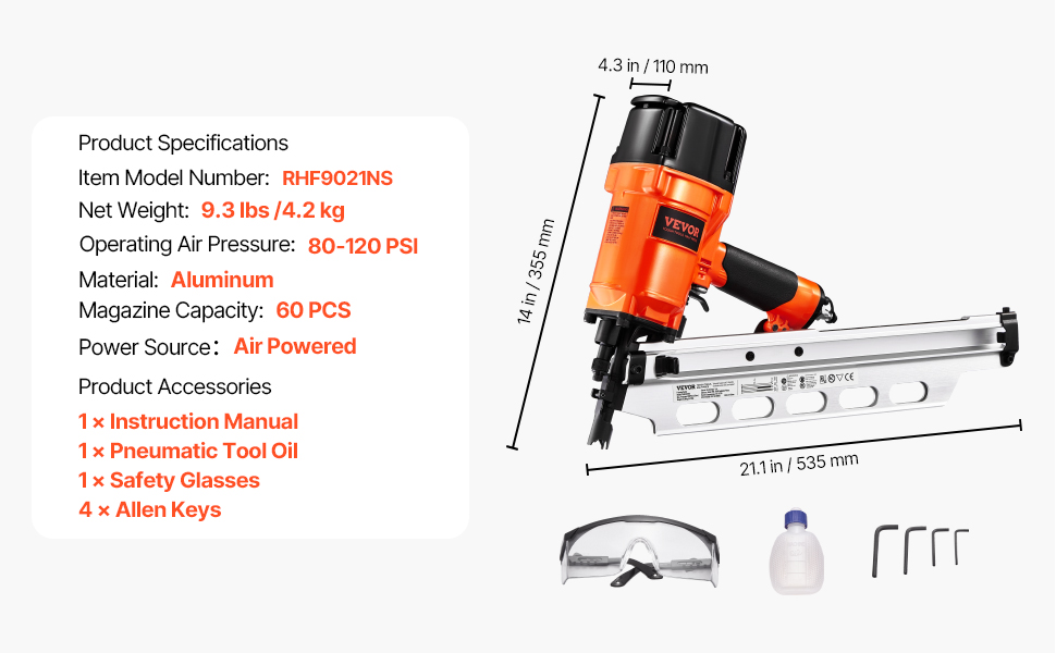 Framing Nailer 2" to 3-1/2" 21° Full Round Head Pneumatic Nail Gun 80 ...