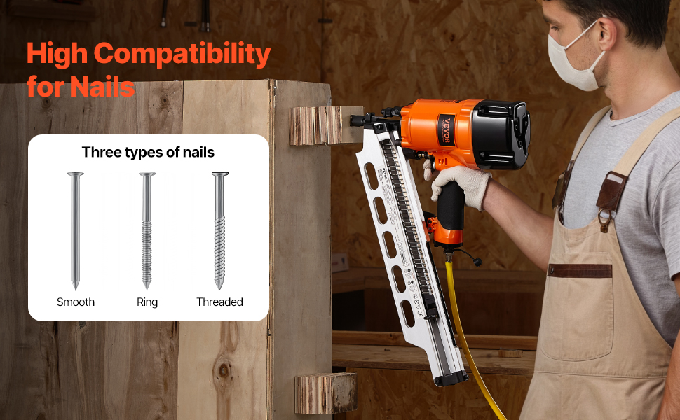 VEVOR Framing Nailer 50 to 90 mm 21° Full Round Head Pneumatic Framing ...