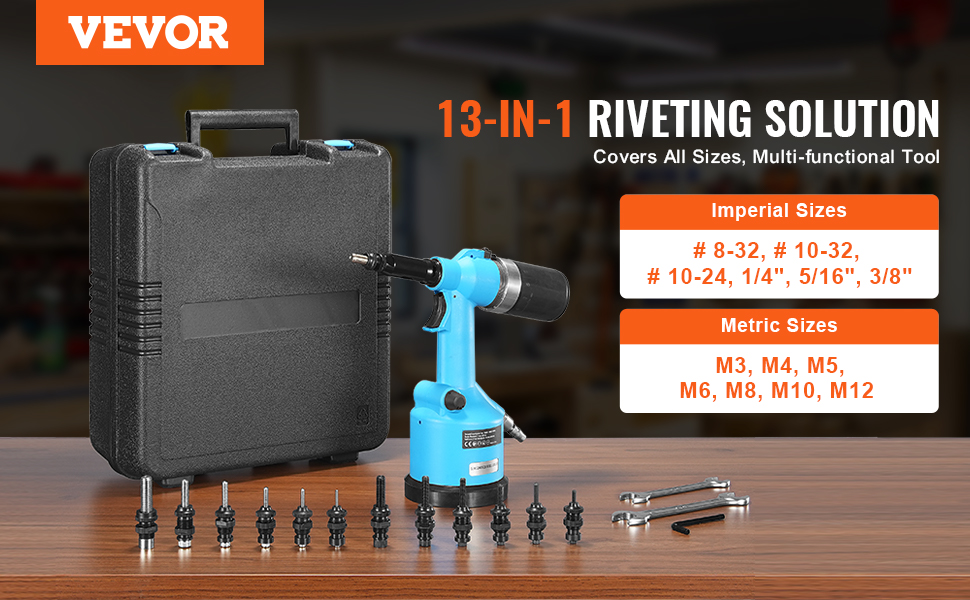 VEVOR Pneumatic Air Riveter Heavy Duty Rivet Gun Tool Kit 13 Size Nose ...
