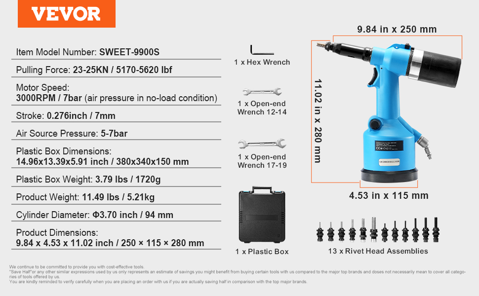 VEVOR Pneumatic Air Riveter Heavy Duty Rivet Gun Tool Kit 13 Size Nose ...