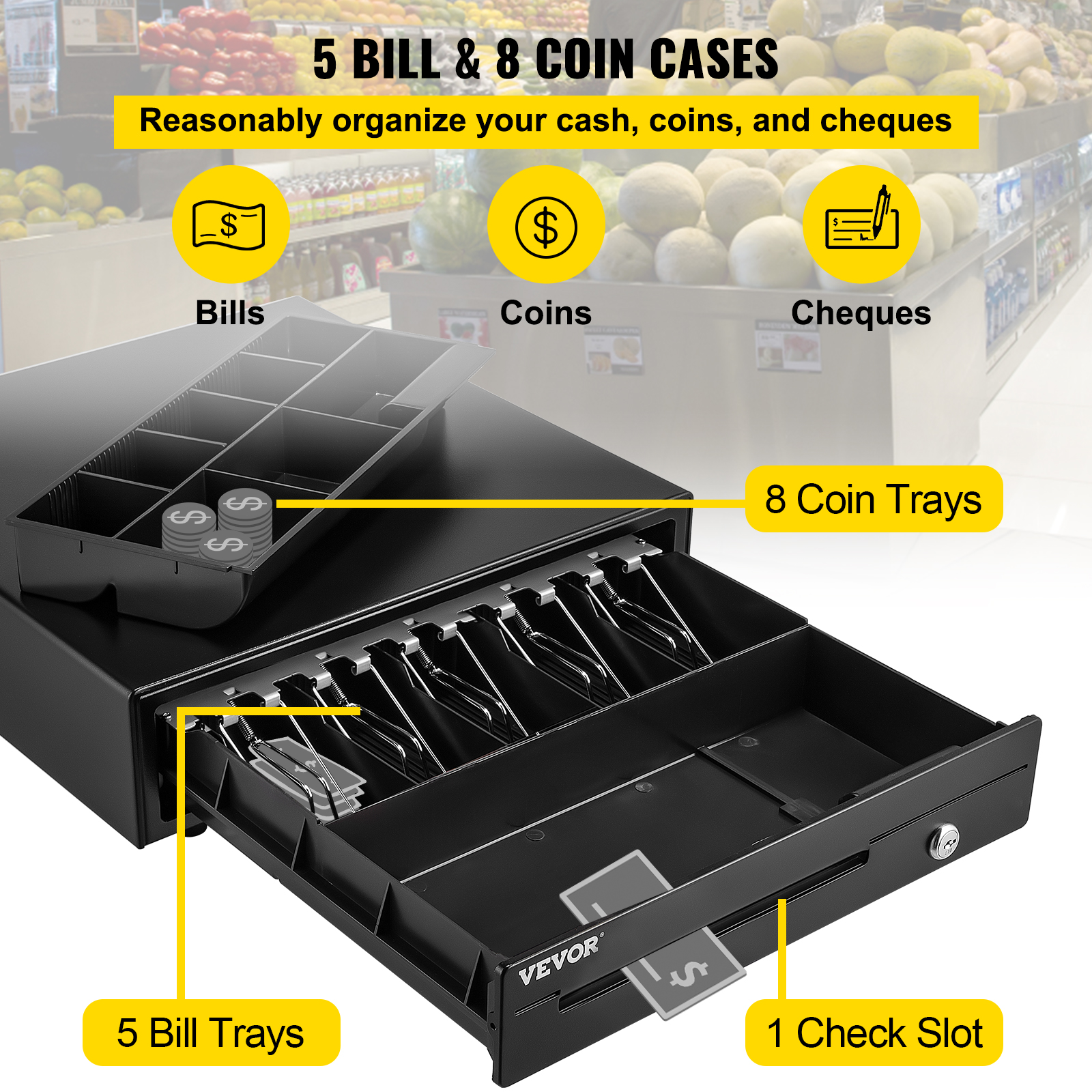 Cash Drawer 13/16in Cash Register POS System 3 Unlocking Ways RJ11/12 ...