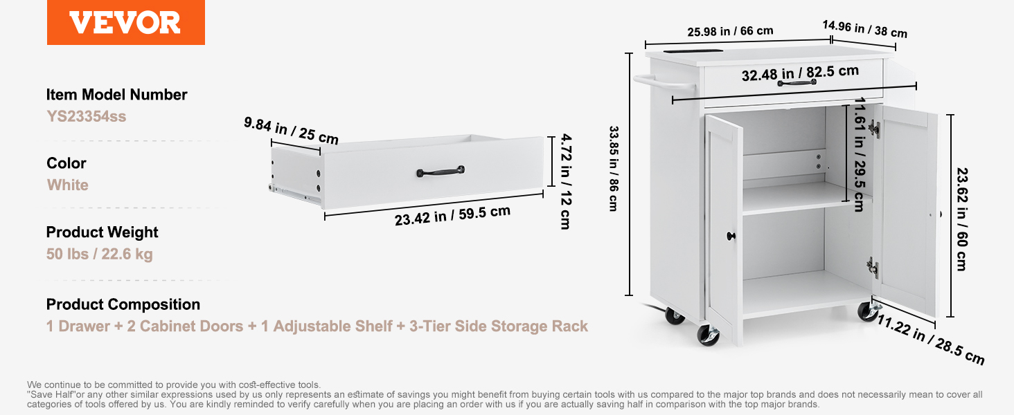 VEVOR Kitchen Island Cart Rolling Storage Cabinet on Wheel with ...