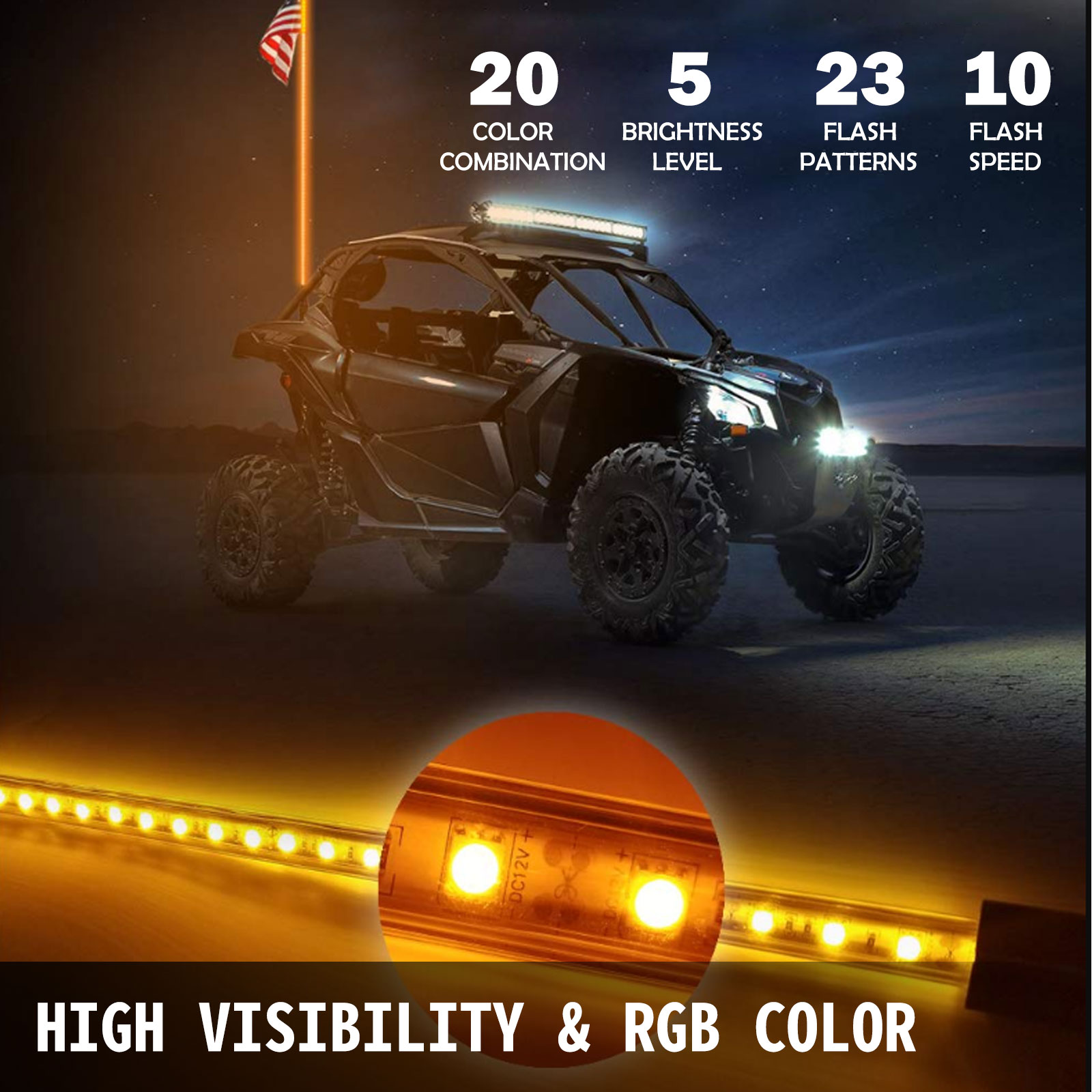 VEVOR 2PC 5FT LED Whip Lights RGB Color Lighted Whips for UTV ATV 20 ...