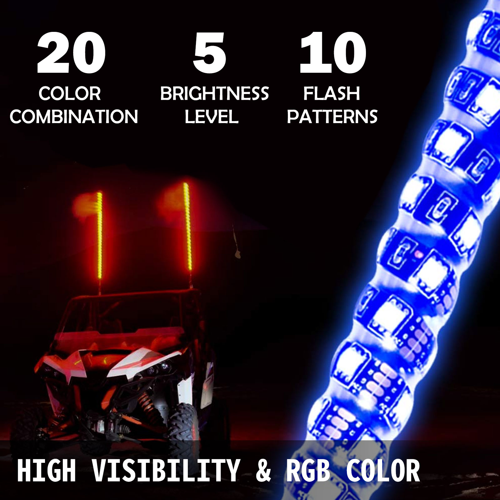 VEVOR 2PC 6FT 360°Spiral LED Whip Lights RGB Color Lighted Whips for ...