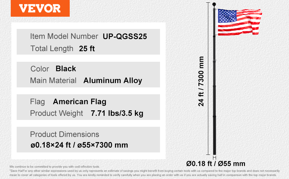 VEVOR 25FT Telescopic Flagpole Kit Heavy Duty Aluminum Flag Pole ...