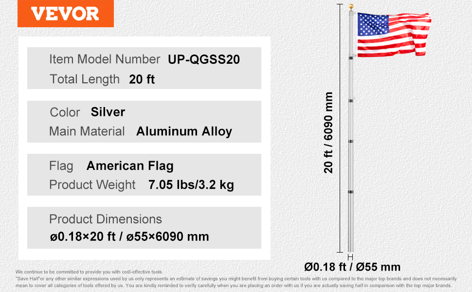 VEVOR 20FT Telescoping Flag pole Kit, Heavy Duty Aluminum Alloy in Ground Flag Poles for Outside ...