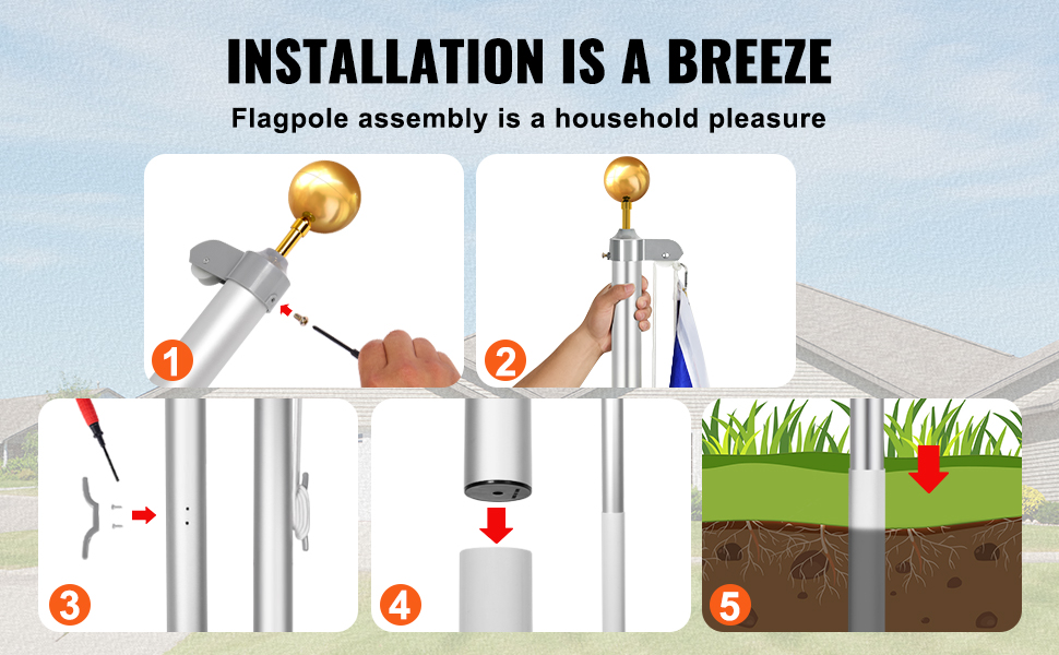 VEVOR 20FT Detachable Flagpole Kit Heavy Duty Aluminum Flag Pole ...