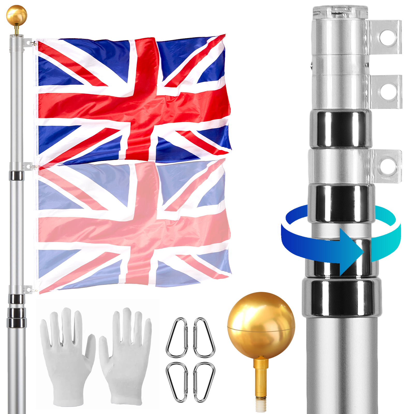 VEVOR 20/25/30FT Detachable/Telescopic British Flagpole Kit Heavy Duty ...