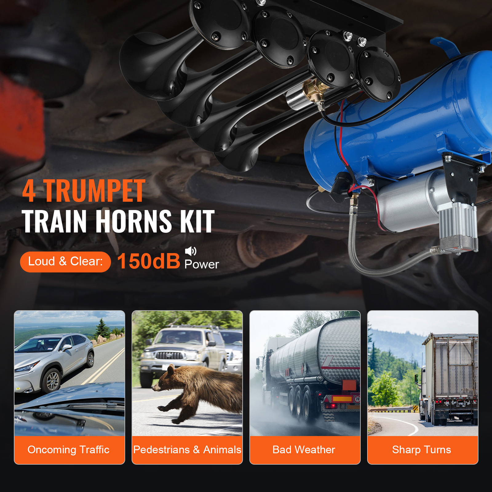 Mophorn 4 Trumpet Train Horn Kit, 150dB Air Horns with 12V 120 psi ...