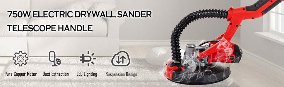 Drywall Sander 750W 225mm Extendable Handle 5 Speed w/ LED light Vacuum ...