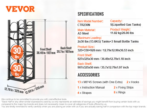 VEVOR Refrigerant Tank Rack, with 2 x 30lbs and Other 3 Small Bottle ...