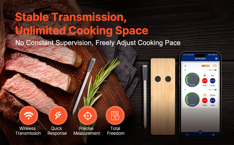 VEVOR Wireless Meat Thermometer Bluetooth Meat Probe Two Probes for ...