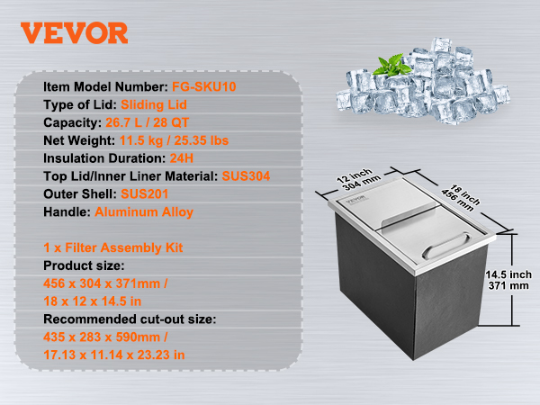 VEVOR Drop in Ice Chest, 18"L x 12"W x 14.5"H Stainless Steel Ice ...