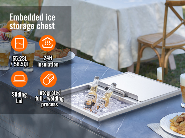 VEVOR Drop in Ice Chest, 24"L x 18"W x 13"H Stainless Steel Ice Cooler ...