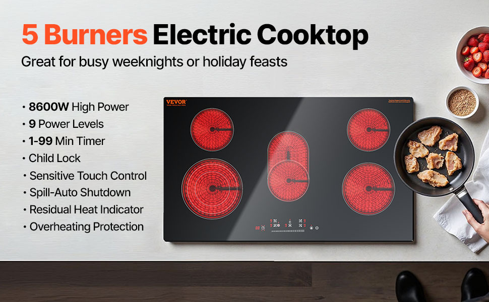 VEVOR Built-in Electric Cooktop Radiant Ceramic Cooktop 5 Burners 35 ...