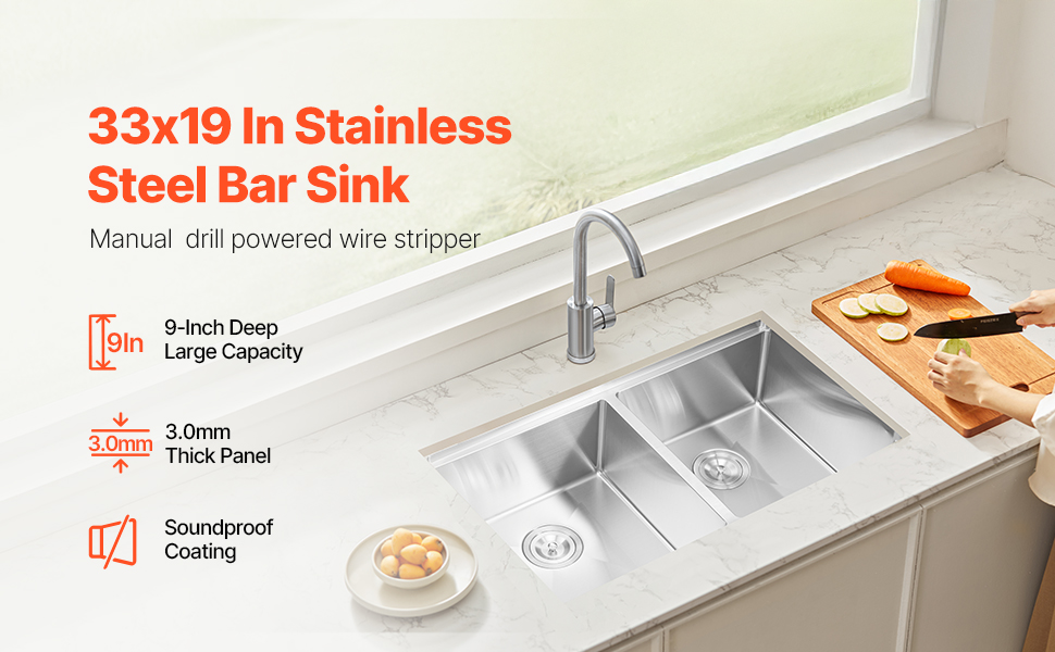 VEVOR 33" Kitchen Sink Undermount Double Bowl Drop-In Basin Stainless ...