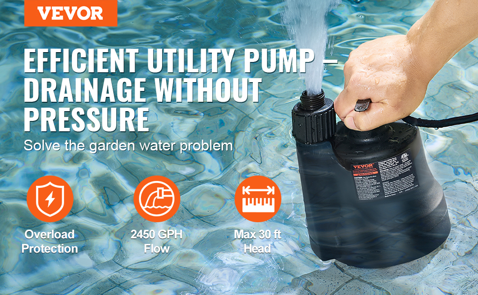 VEVOR Utility Pump, 1/3 HP, 2450 GPH High Flow, 30 ft Head, Sump Pump ...