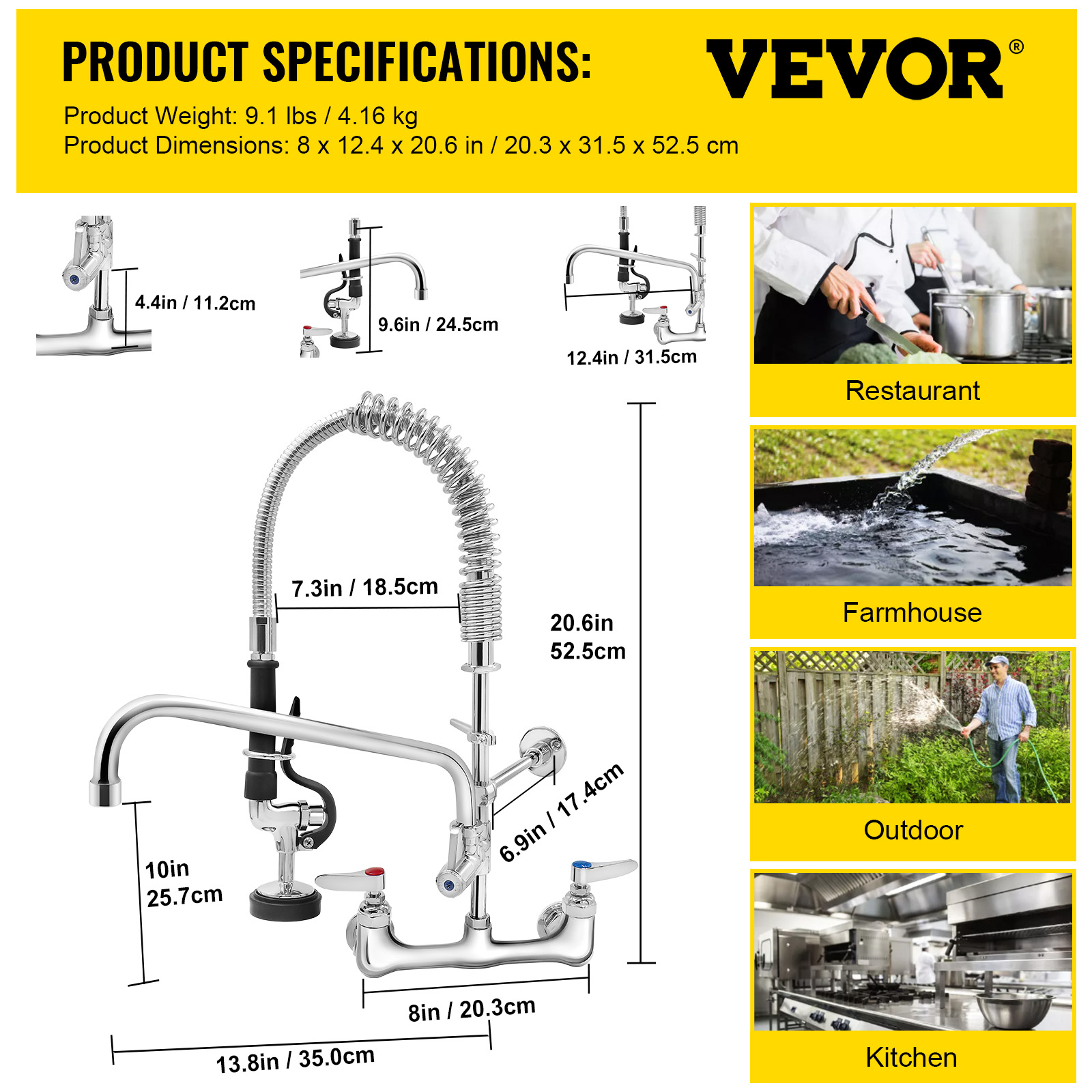 VEVOR 21"-47" Commercial Pre-rinse Faucet Wall Mount Sink Faucet 8" w ...