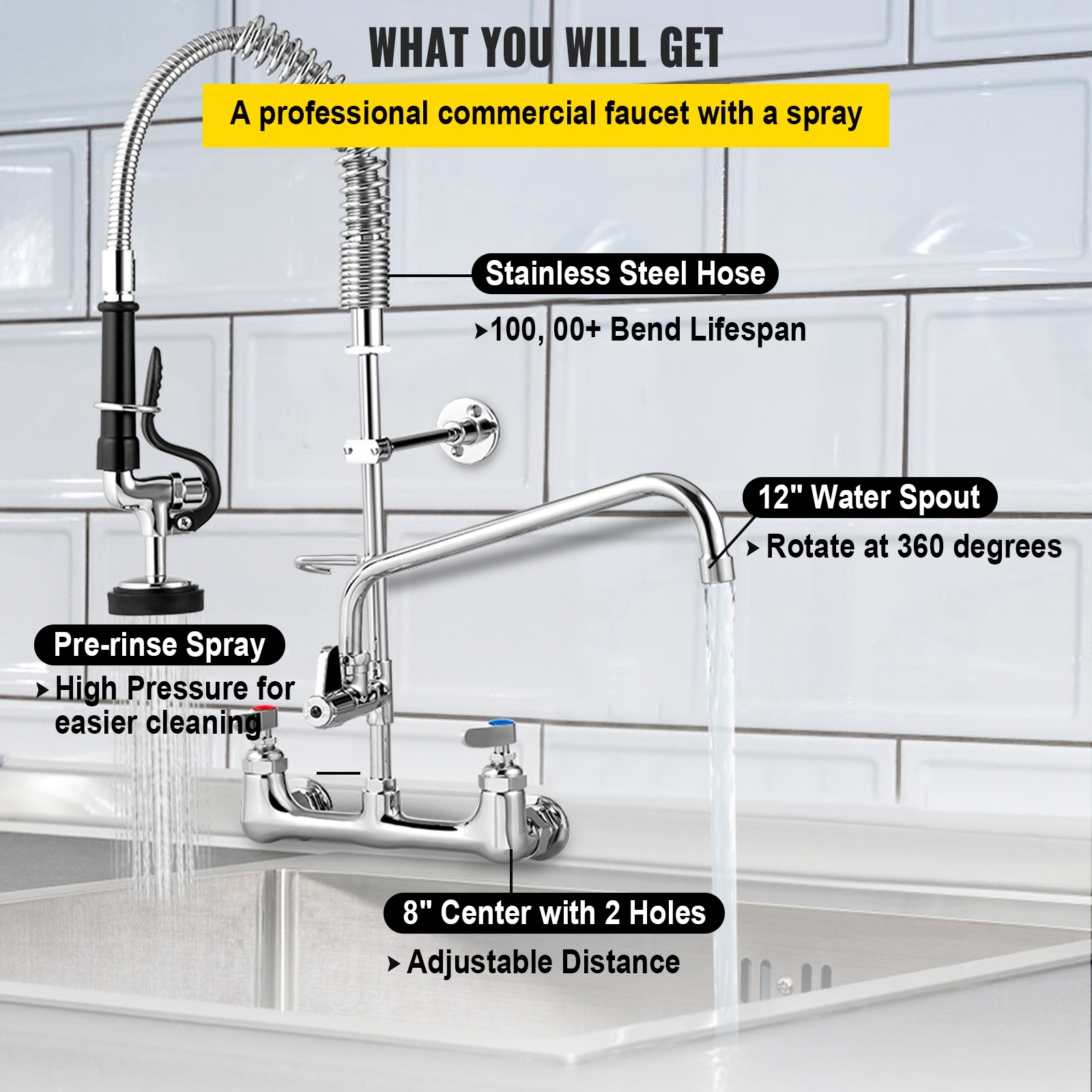 Commercial Pre-Rinse Kitchen Sink Faucet w/ Sprayer Mixer Tap 21-44 in ...