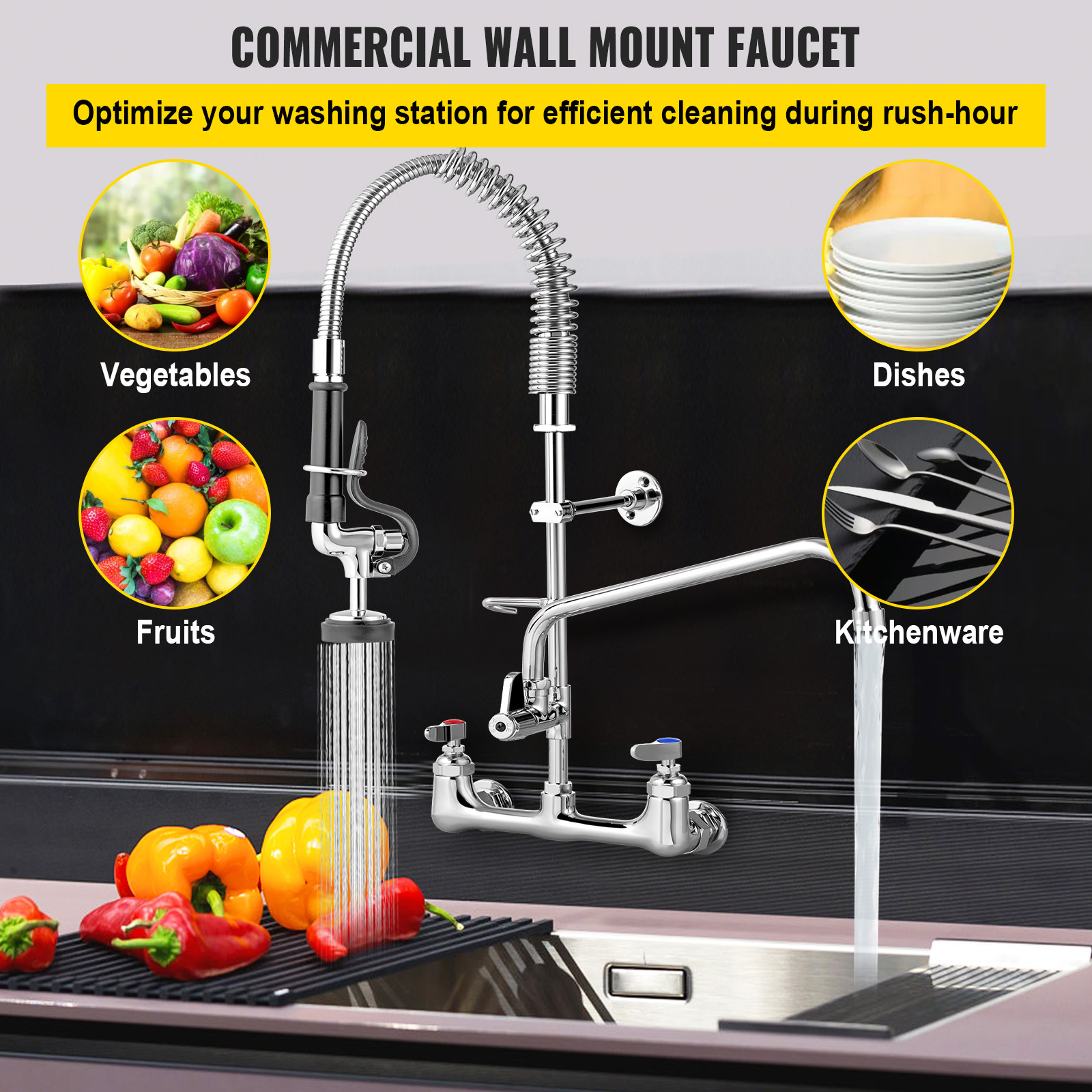 Commercial Pre-Rinse Kitchen Sink Faucet w/ Sprayer Mixer Tap 21-44 in ...