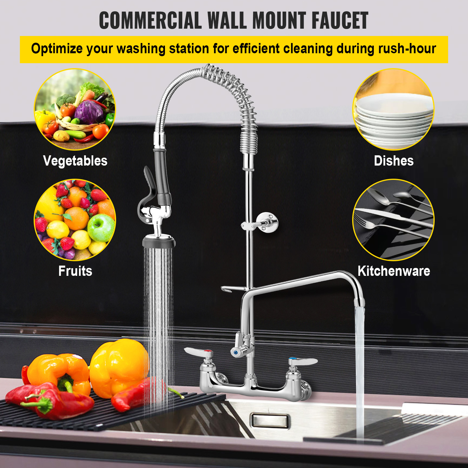 VEVOR Commercial Pre-rinse Faucet Wall Mount Kitchen Sink Faucet 8" w ...
