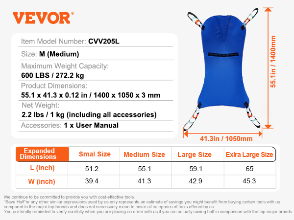VEVOR Universal Full Body Patient Lift Sling M-Size Hoyer Lift Medical ...