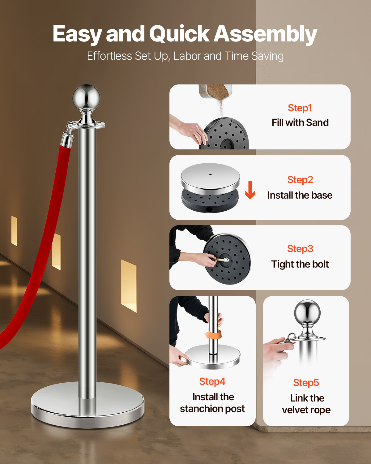 4-8 Pcs Gold Stanchion Post 2/3/4/6 Ropes/Belts Sand Injection Hollow ...