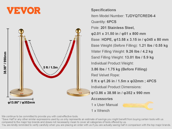VEVOR Stanchion Post with Velvet Rope, 6-Pack Crowd Control Stanchion ...