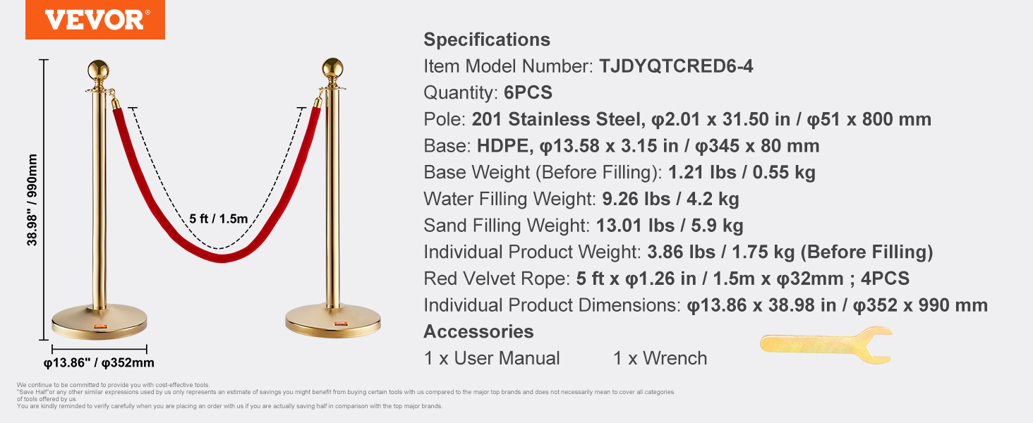 VEVOR Stanchion Post with Velvet Rope, 6-Pack Crowd Control Stanchion ...