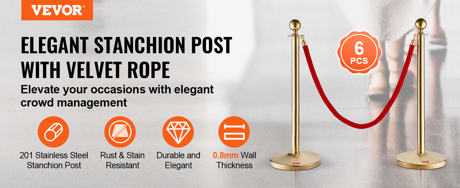 VEVOR Stanchion Post with Velvet Rope, 6-Pack Crowd Control Stanchion ...