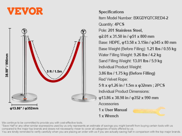 VEVOR Stanchion Post with Velvet Rope, 4-Pack Crowd Control Stanchion ...